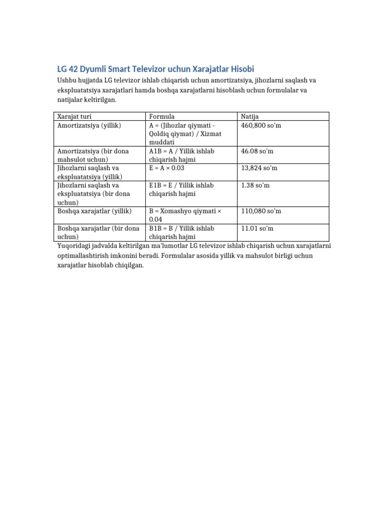 LG TV Cost Calculations | PDF