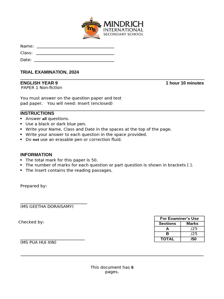 Y9 Eng P1 Questions Cover Page | PDF
