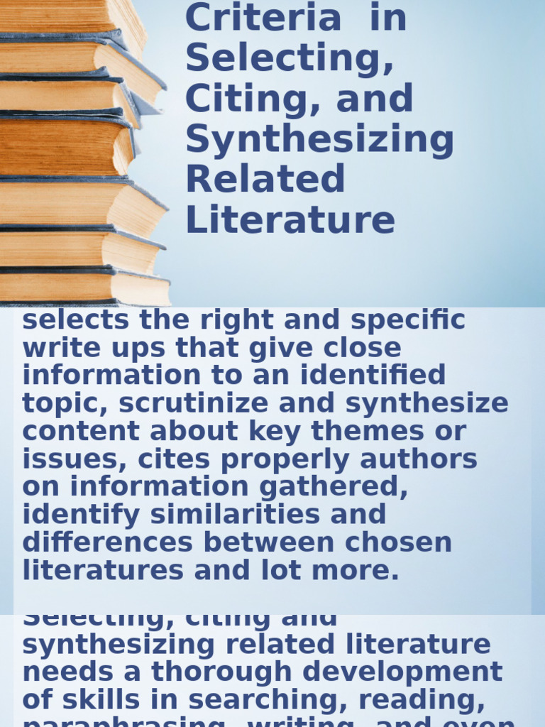 Lesson10 Criteria in Selecting Citing and Synthesizing Related Literature | PDF | Apa Style ...