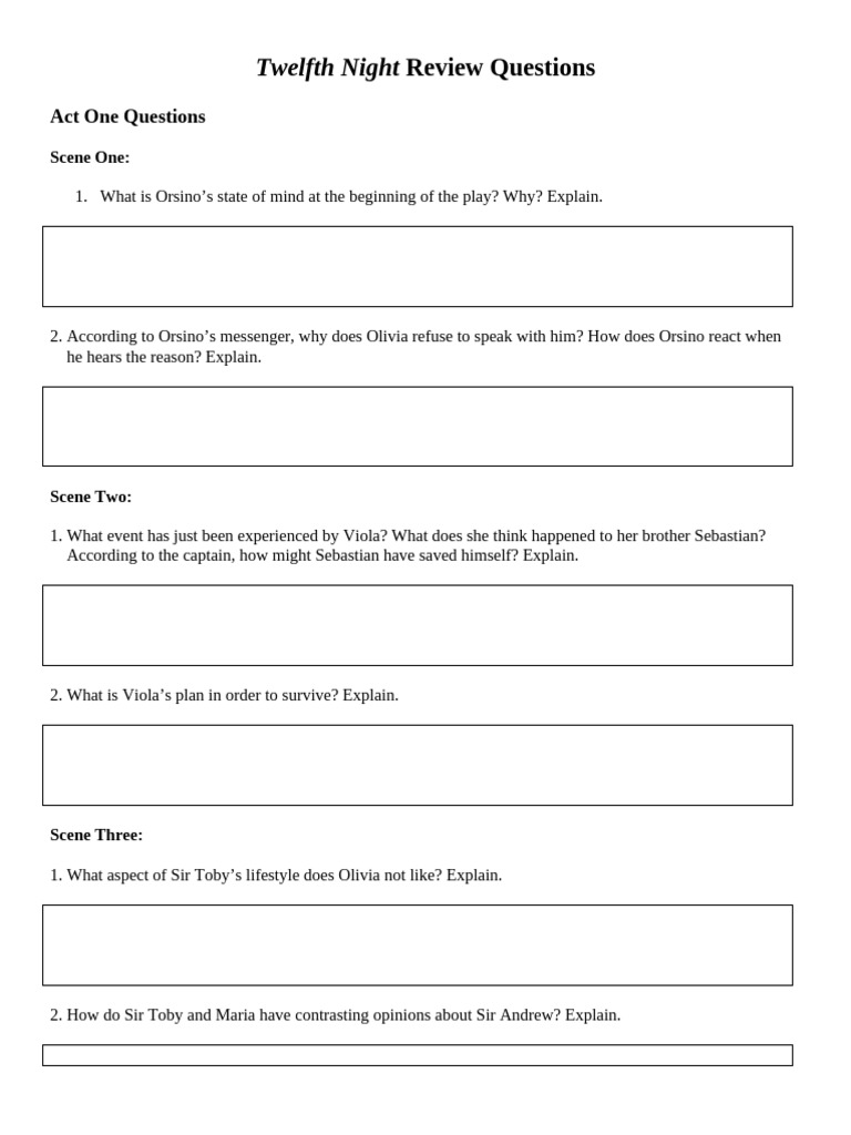 Twelfth Night Questions (Acts 1-5 Review Questions) - Individual ...