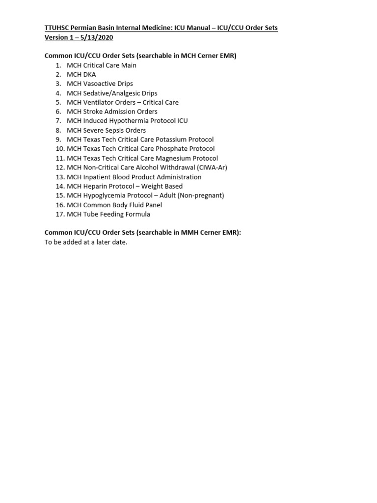 Critical Care Order Sets | PDF