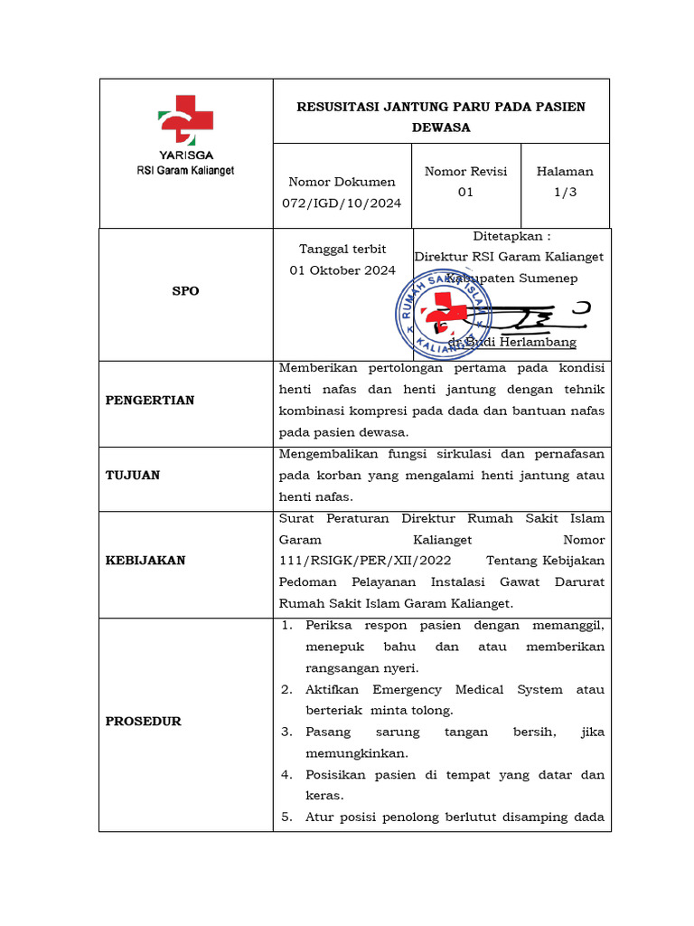 072 SPO Resusitasi Jantung Paru Pada Pasien Dewasa | PDF