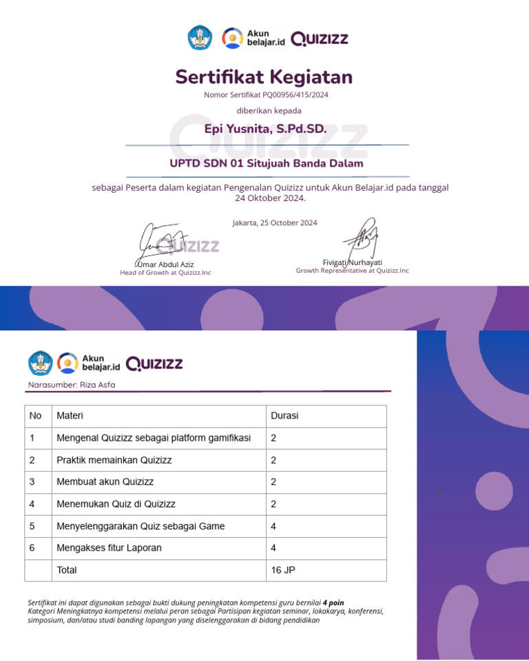 Sertifikat Epi Yusnita, S.PD - SD. Untuk Pelatihan Pengenalan Quizizz Untuk Akun Belajar - Id ...
