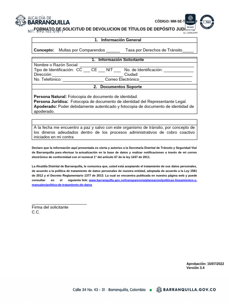 Formato de Solicitud de Devolucion de Títulos de Depósito Judicial | PDF