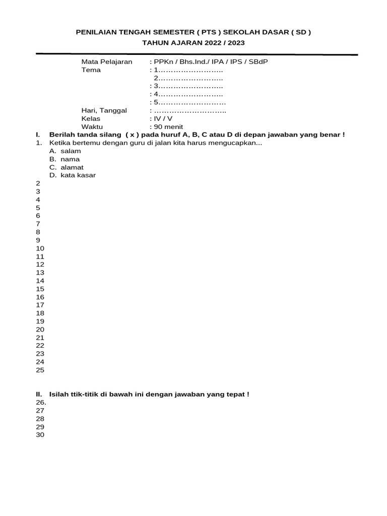 2. Format Soal Pts Kls 4, 5 (Pai, Ppkn, b.ind.,Ipa, Ips, Sbdp ) | PDF