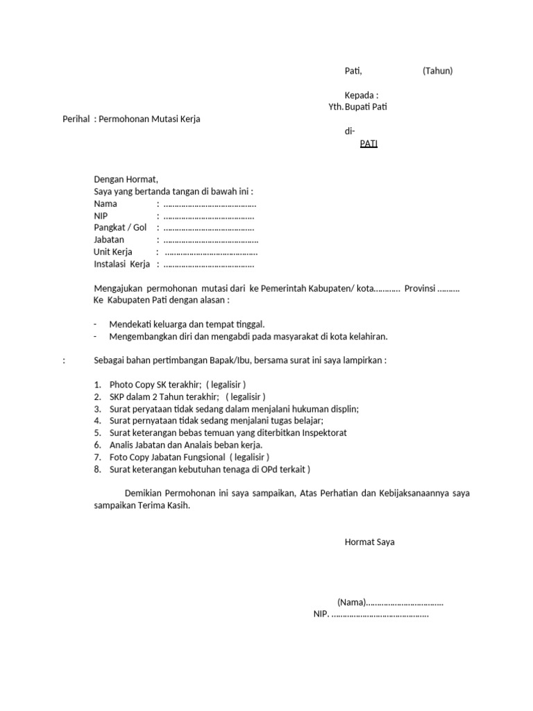 CONTOH PERMOHONAN MUTASI KERJA | PDF