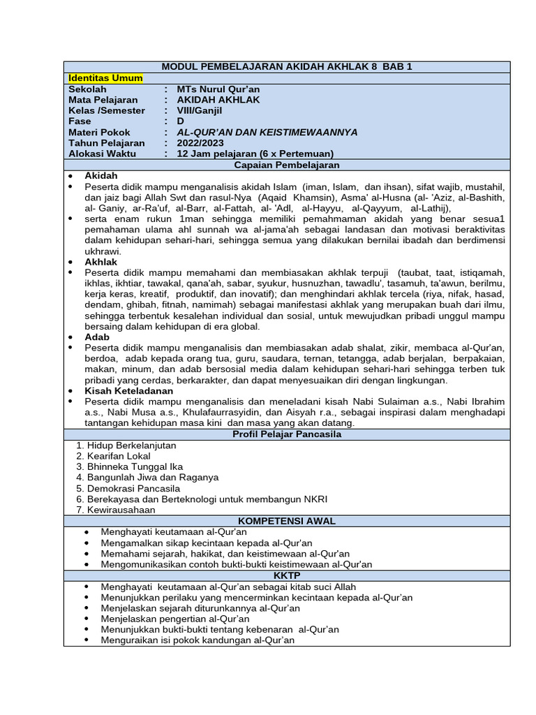 Modul Ajar Akidah Akhlak Kelas 8 Bab 1 [Modulguruku.com] | PDF