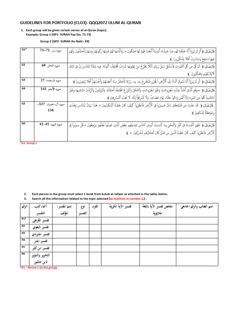 2 - (Clo3) Guidelines - Assignment-Portfolio Ulum Quran A241 | PDF