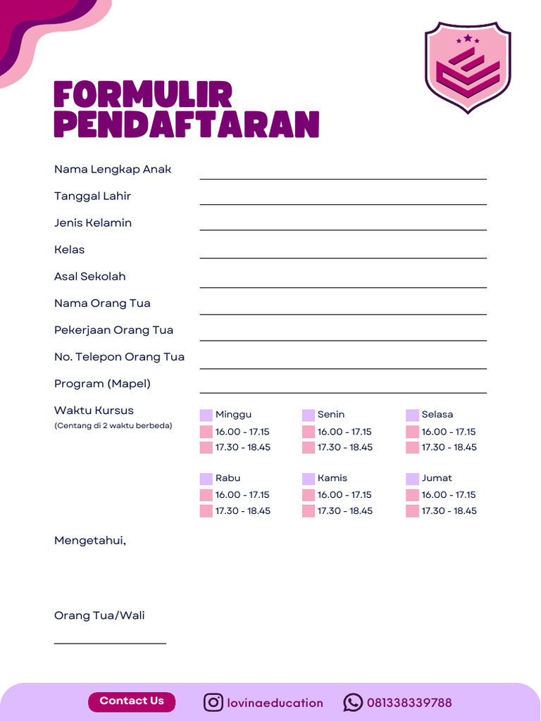 Formulir Pendaftaran Bimbingan Belajar A4 | PDF