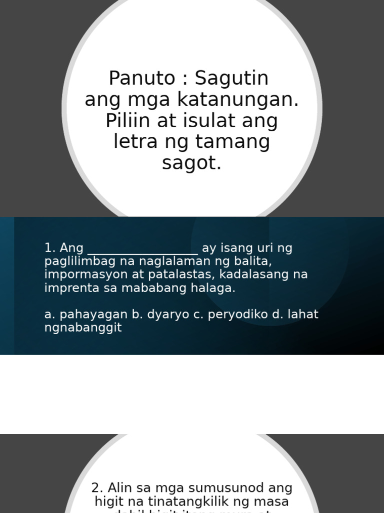 Panuto: Sagutin Ang Mga Katanungan. Piliin at Isulat Ang Letra NG ...