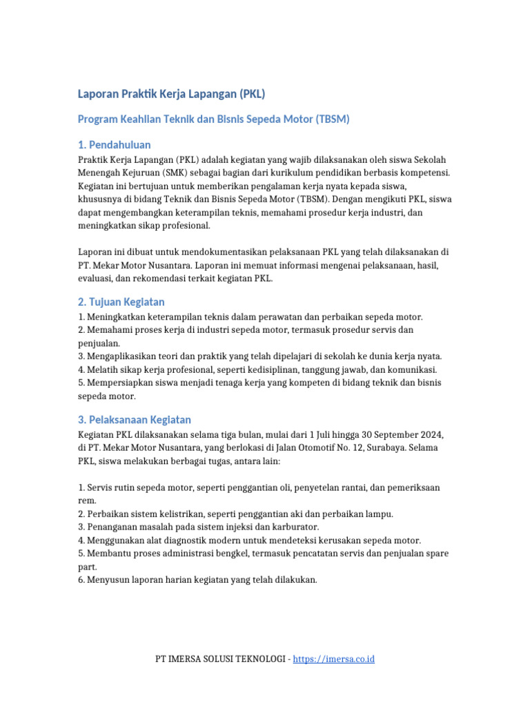 Contoh Laporan PKL TBSM SMK | PDF