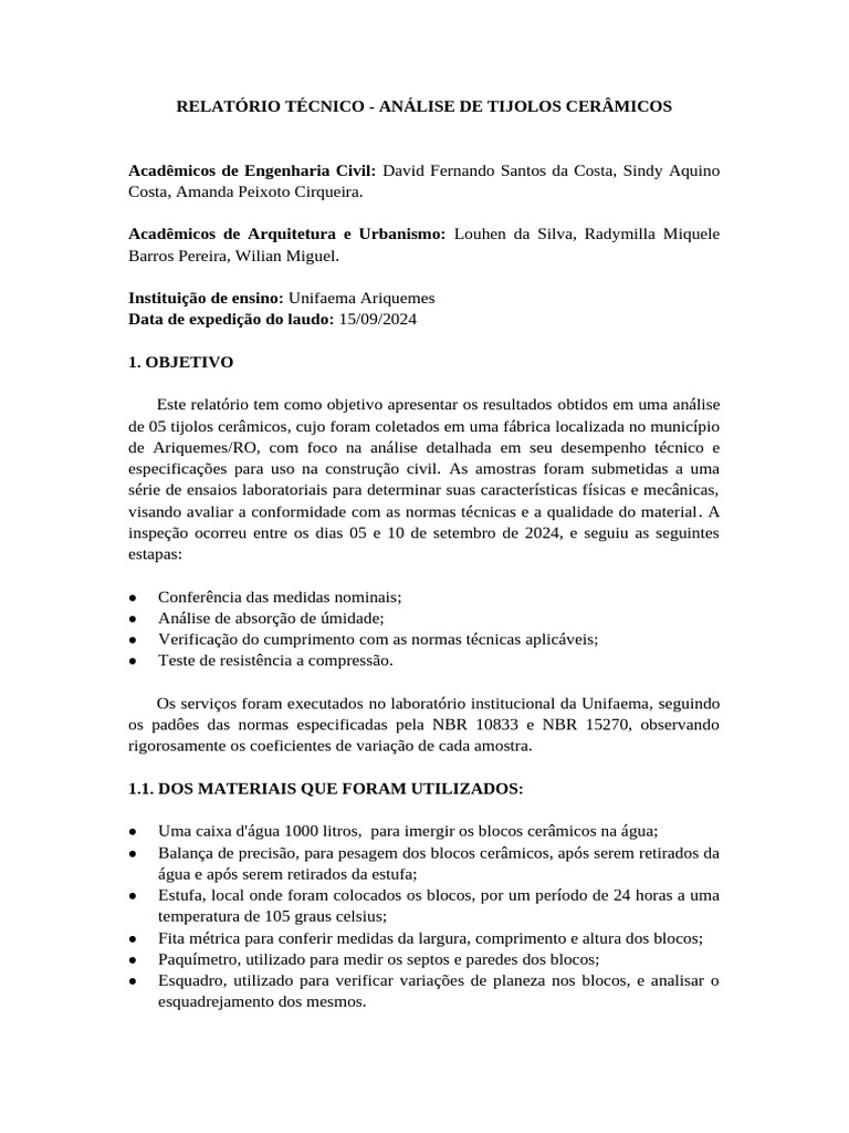 N2 - Relatório Técnico Dos Tijolos | PDF | Argila | Tijolo