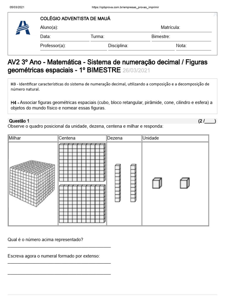 AV2 - 1 BIMESTRE MATEMÁTICA | PDF | Decimal | Geometria