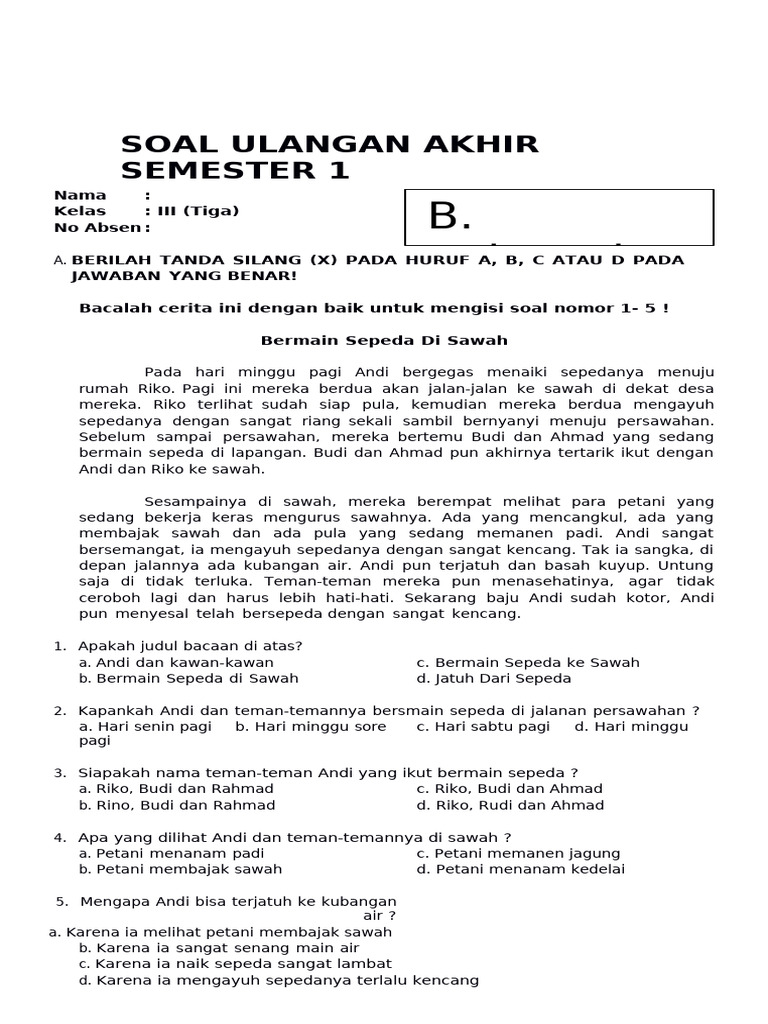 Soal UAS Bahasa Indonesia Kelas 3 SD Semester 1 (Ganjil) Dan Kunci Jawaban (www.bimbelbrilian ...