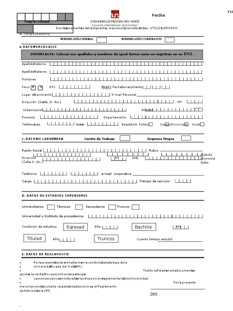 Ficha de Inscripcion Upn - Working Adult | PDF | Informática y ...