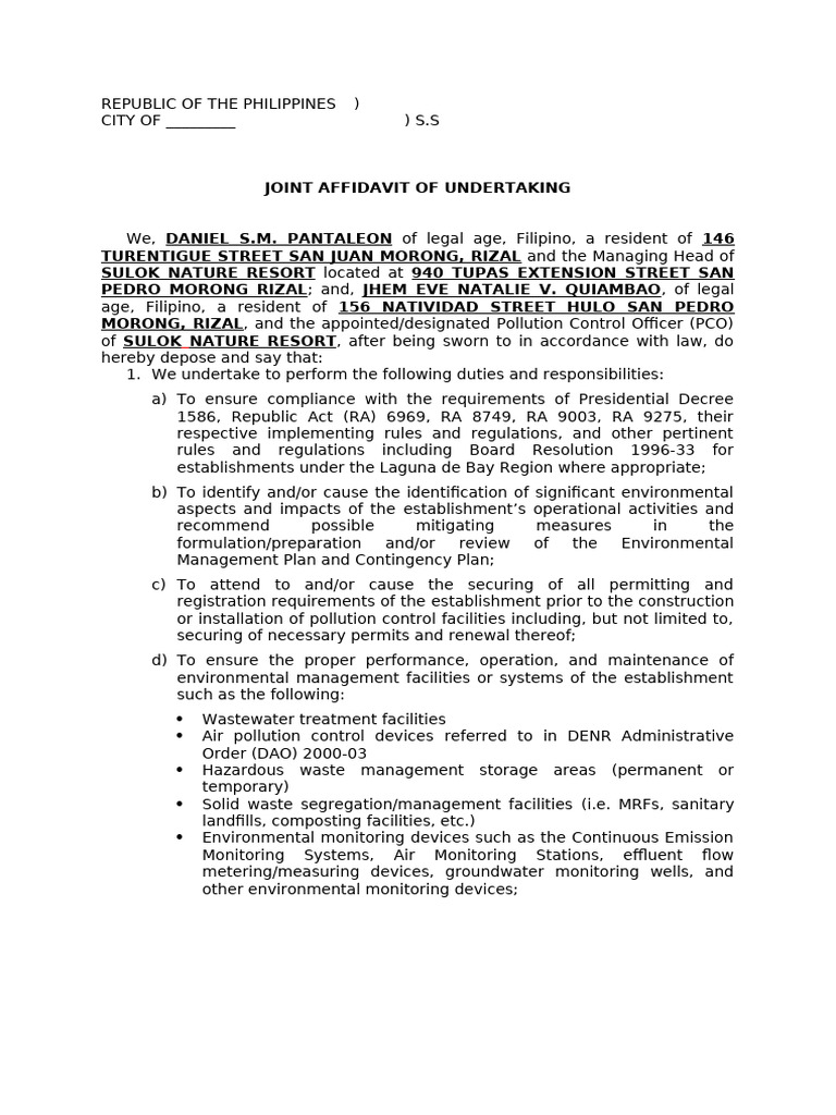 Sulok Nature Resort Affidavit of Undertaking | PDF | Waste | Waste ...