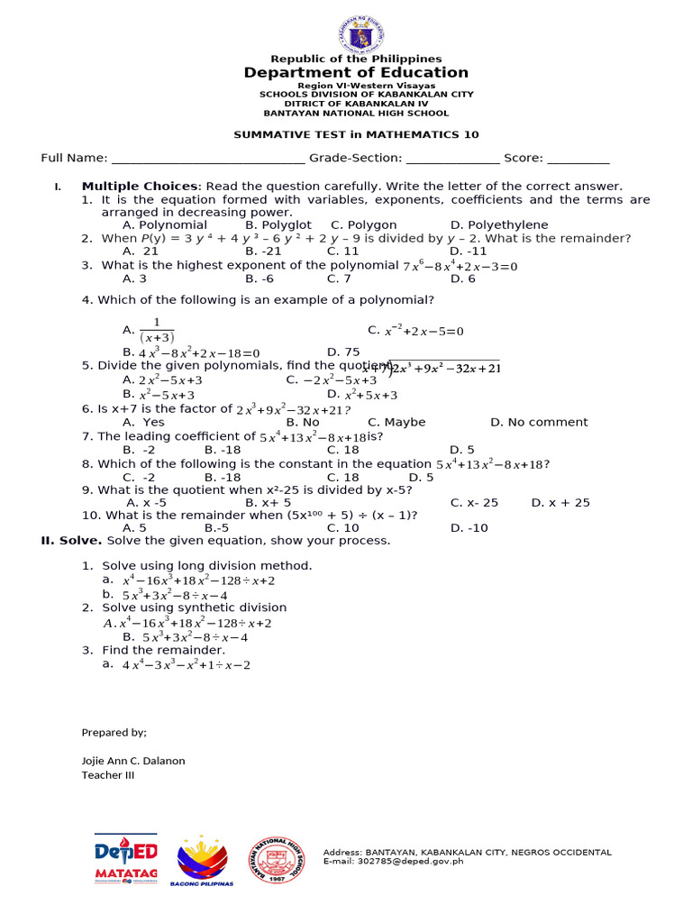 Math 10 Summative Test q1 | PDF | Polynomial | Equations