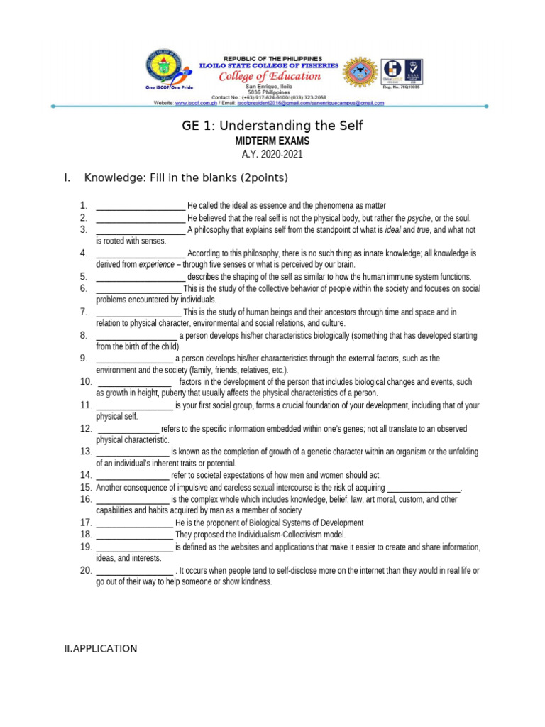 GE-1-MIDTERM-EXAM | PDF | Philosophy Of Self | Knowledge