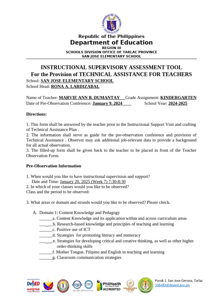 Instructional Supervisory Assessment Tool For Ta Plan Gerona South ...