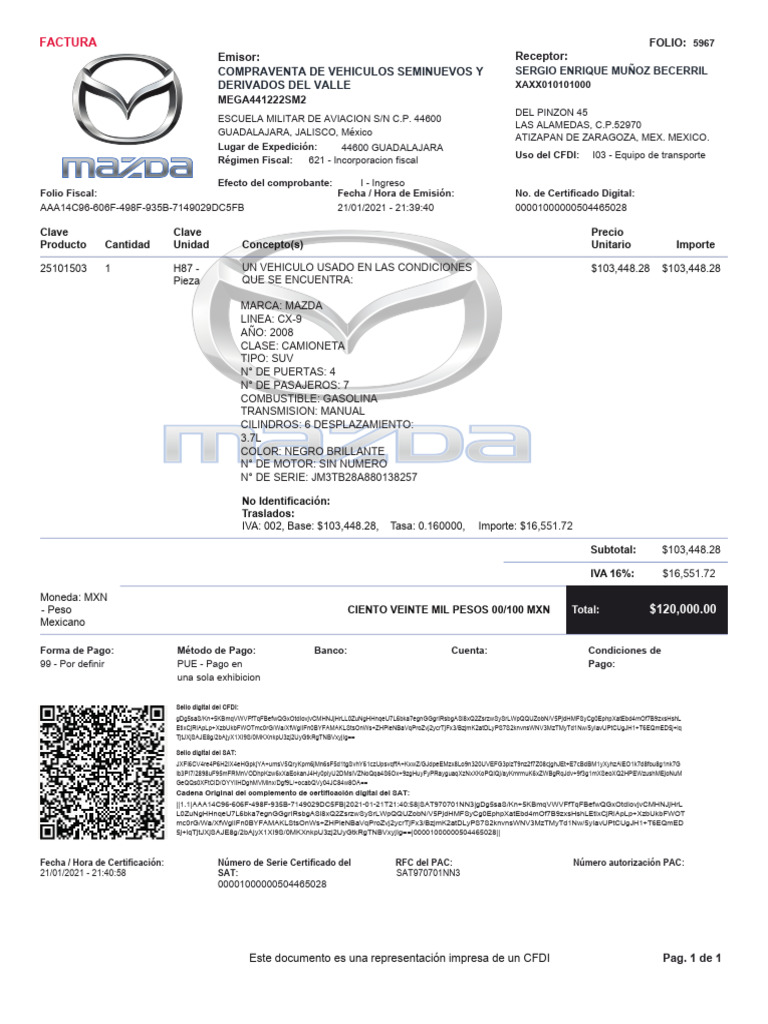 Factura MAZDA | PDF | Coche | Vehículos