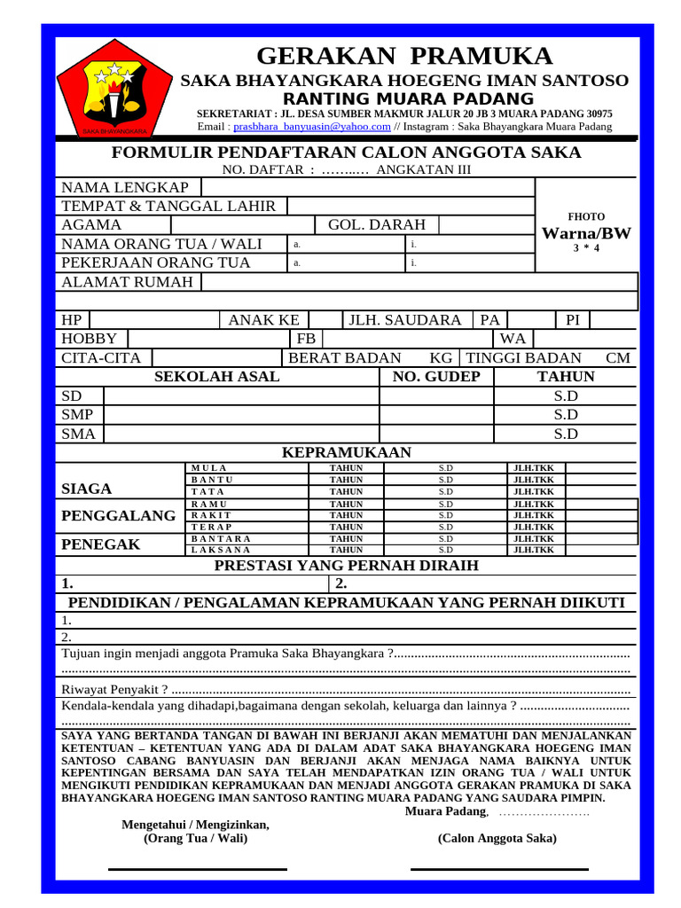 FORMULIR PENDAFTARAN CALON ANGGOTA SAKA BHAYANGKARA MUARA PADANG CETAK KERTAS A4 | PDF