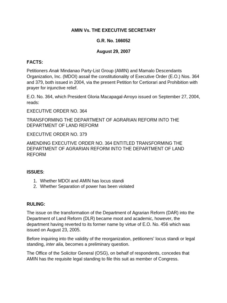 AMIN vs. Executive Secretary Ruling Summary | PDF | Standing (Law ...