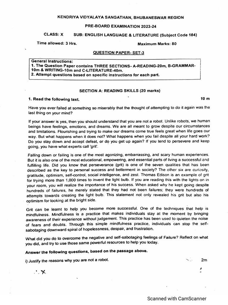 Kendriya Vidyalaya Sangathan - Pre Board Question Paper English | PDF