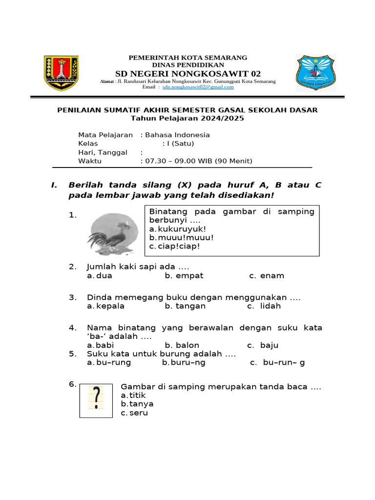 Soal Sas Bahasa Indonesia Kelas 1 SMT 1 | PDF