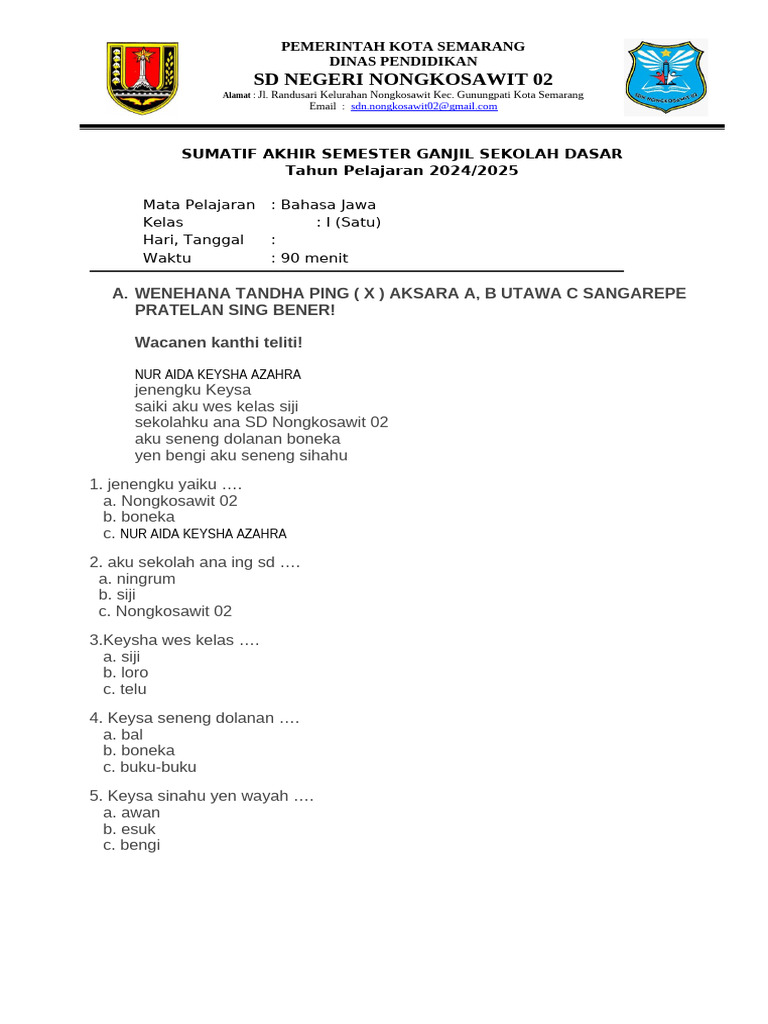 Soal SAS Bahasa Jawa SMT 1 Kelas 1 | PDF
