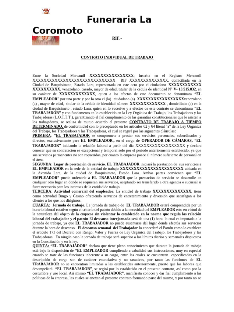 Contrato Funeraria | PDF | Derecho laboral | Salario