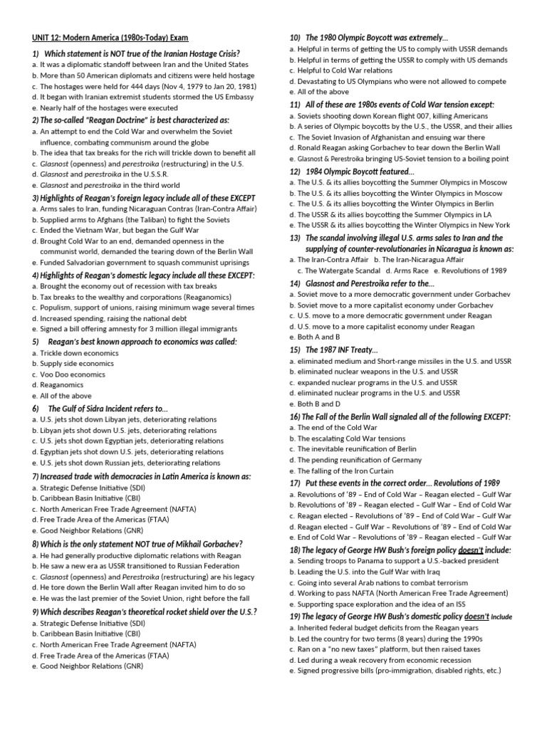 Unit 12 - Modern America (1980s - Today) Exam | PDF | Cold War | Soviet ...