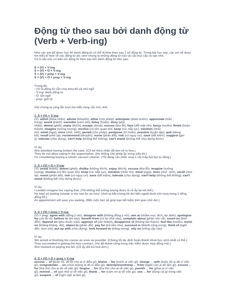 Đ NG T Theo Sau B I Danh Đ NG T (Verb + Verb-Ing) | PDF