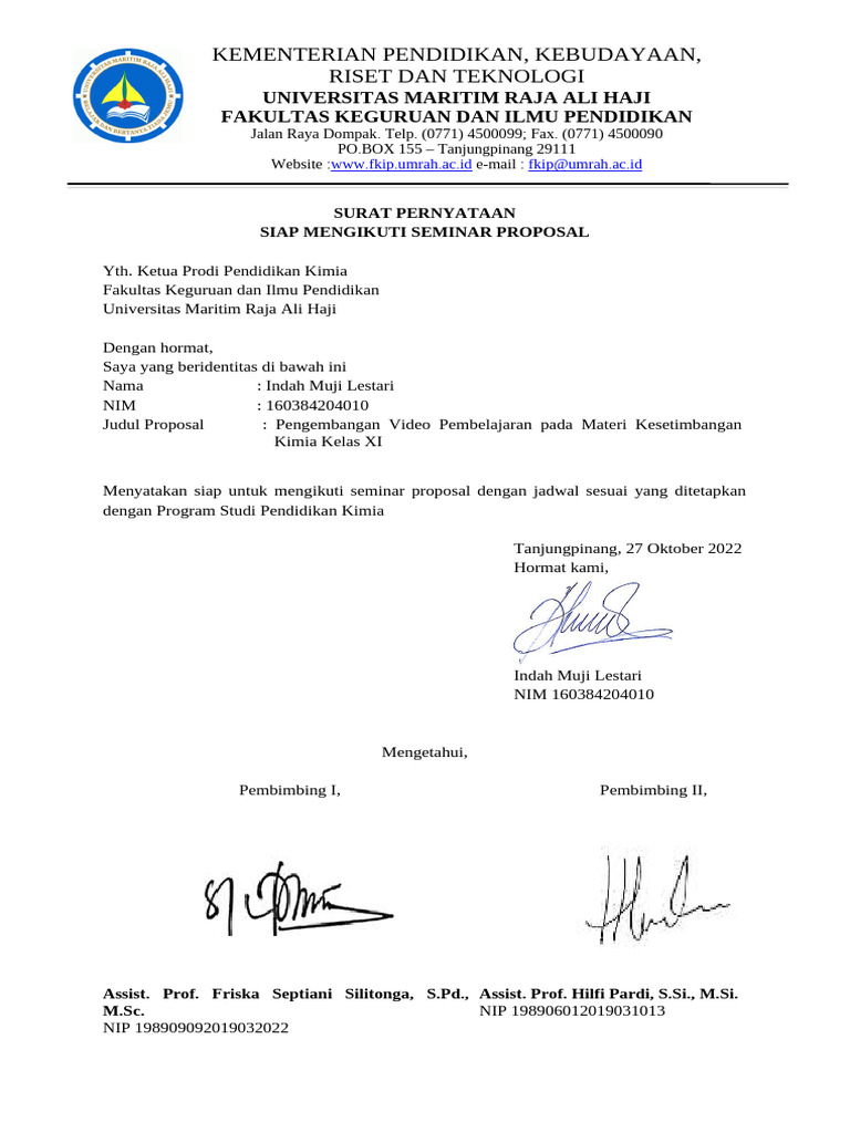 Surat Pernyataan Siap Mengikuti Seminar Proposal | PDF