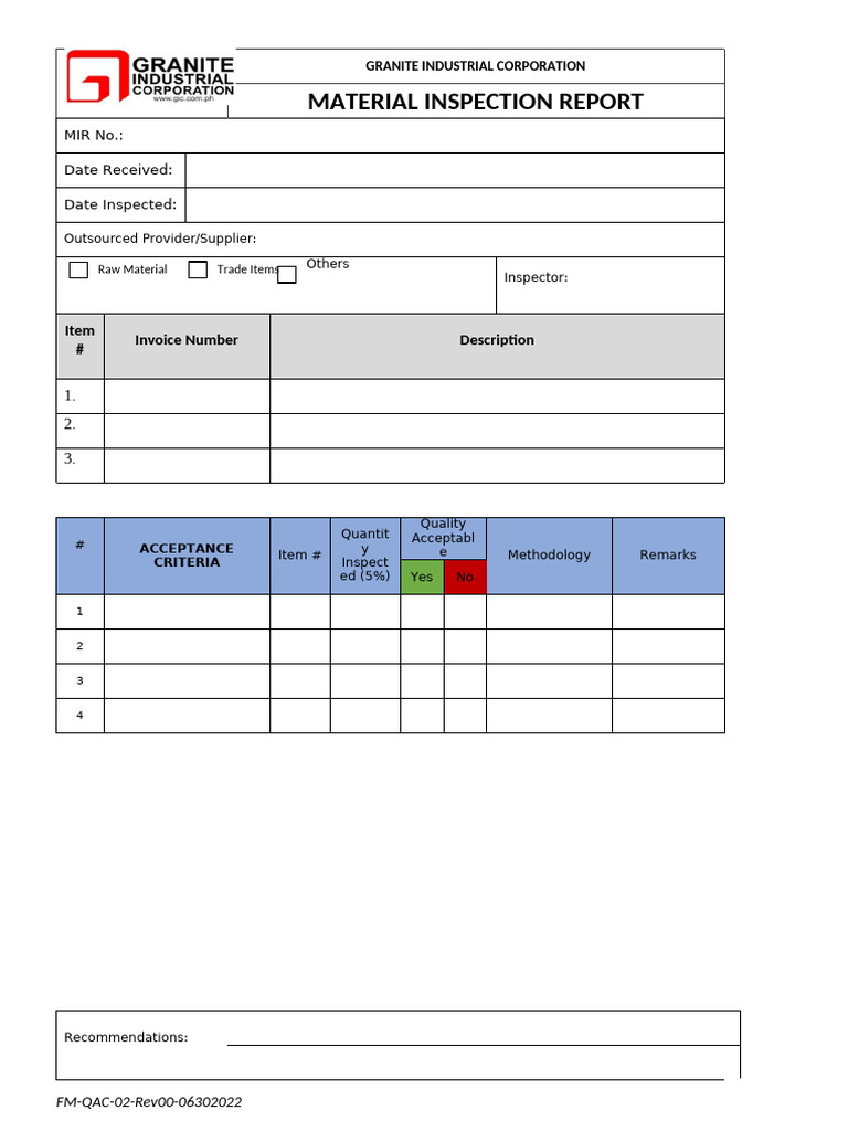 Material Inspection Report Summary | PDF