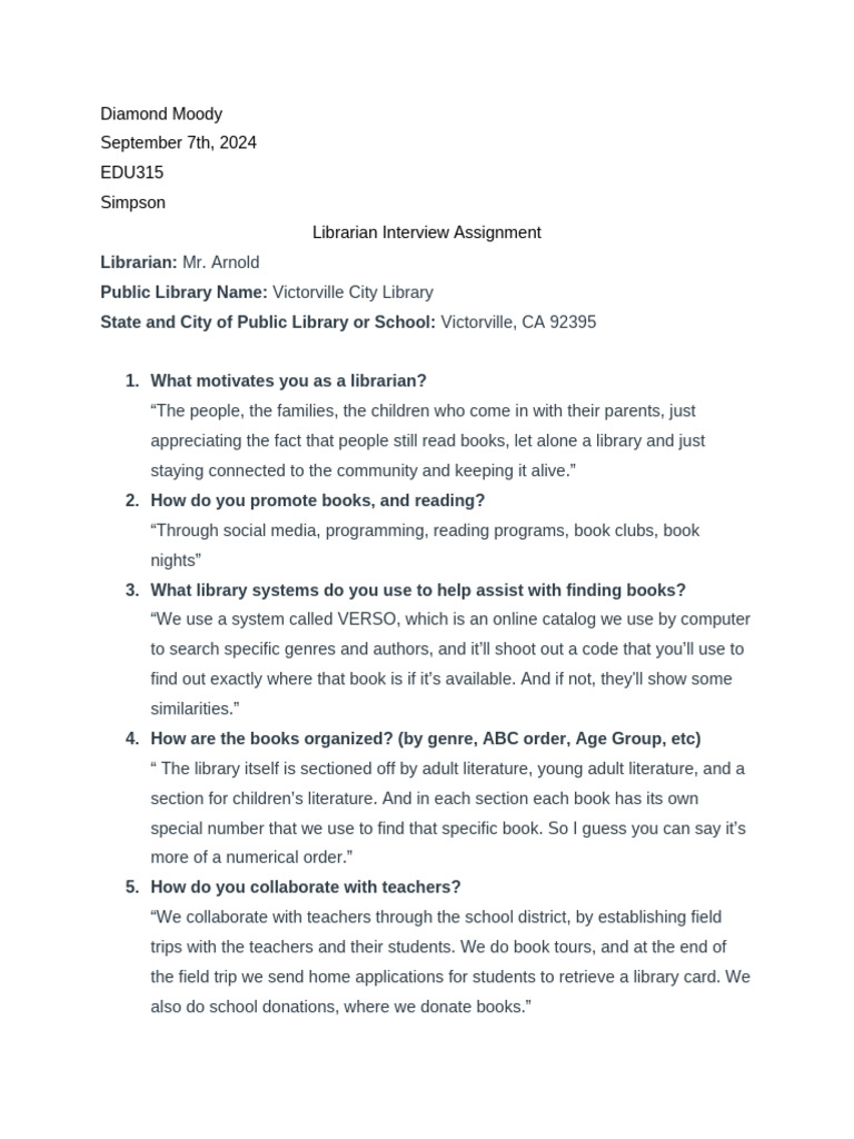 Librarian Interview (1) | PDF | Libraries | Books