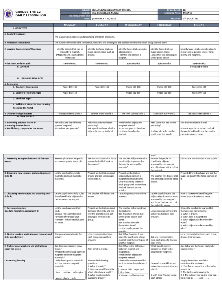 DLL_SCIENCE 3_Q3_W5 | PDF | Magnet | Force