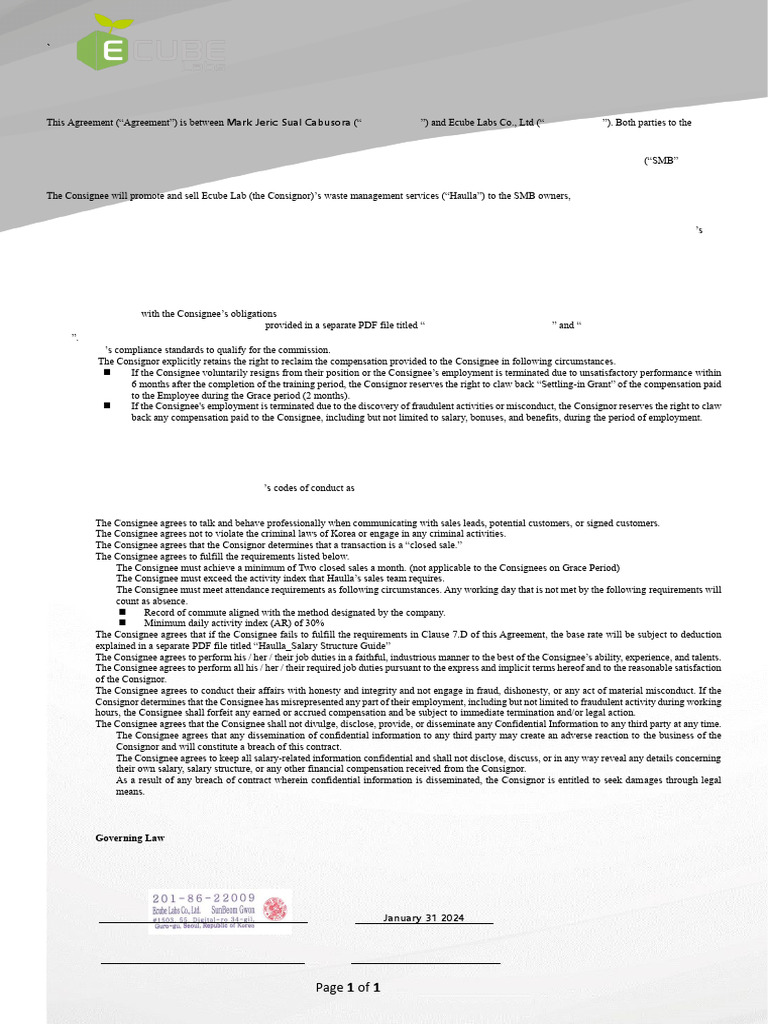 Haulla Sales Rep. Employment Contract 240131 Mark Jeric Sual Cabusora ...