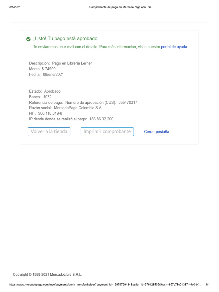 Comprobante de Pago en MercadoPago Con Pse, Regalo Álex | PDF
