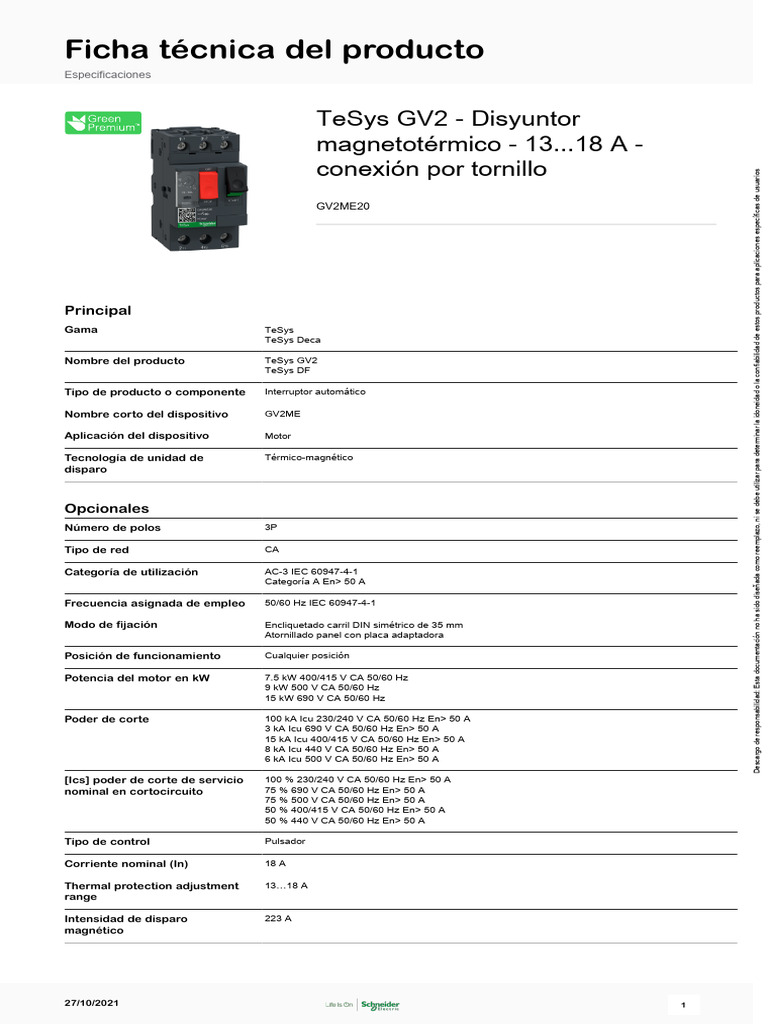 TeSys GV2 - GV2ME20 | PDF | Electromagnetismo | Electricidad