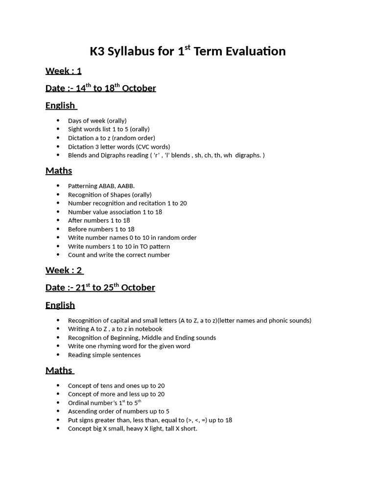 K3 Term 1 Lesson Plan Overview | PDF