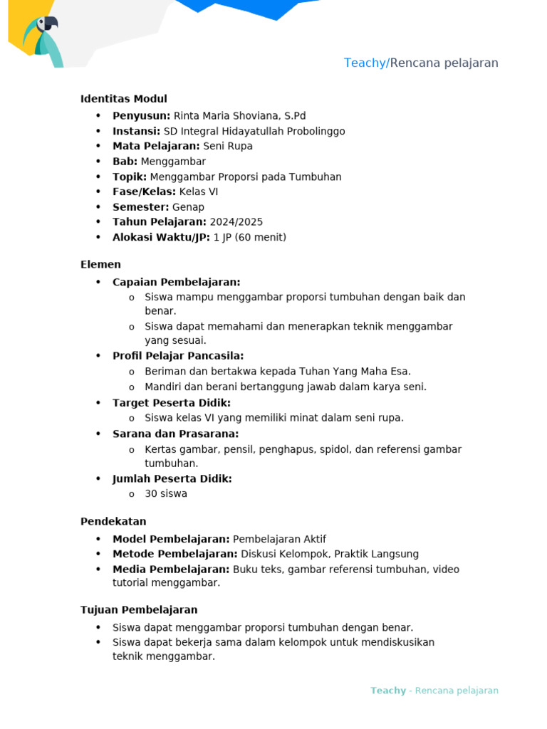 Modul Pembelajaran Menggambar Proporsi Tumbuhan Untuk Kelas VI | PDF