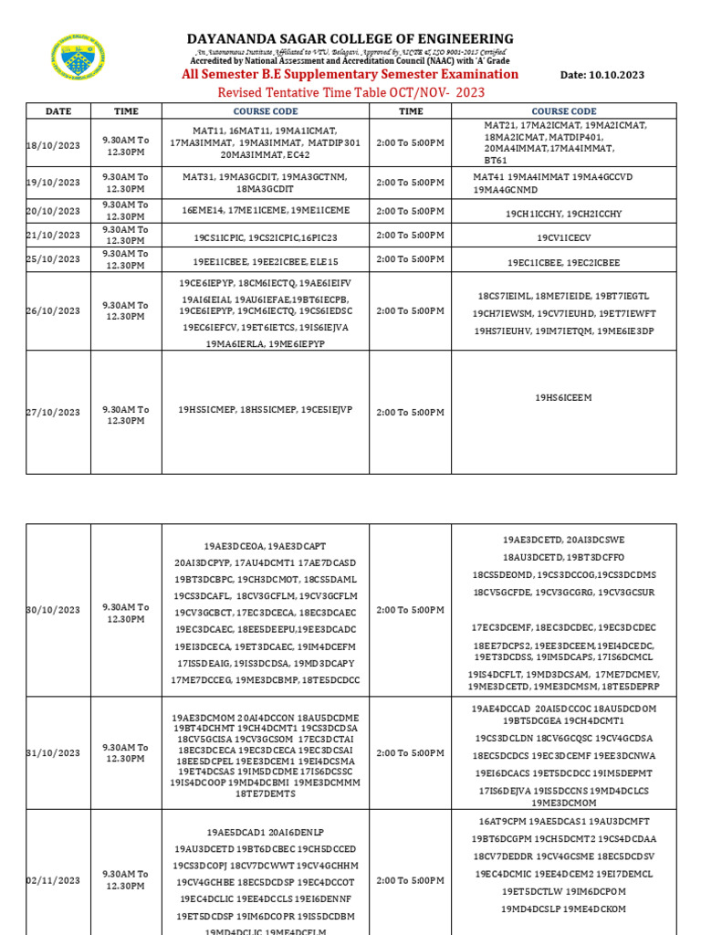 B.E Supplementary Semester Examination Revised Tentative Time Table ...