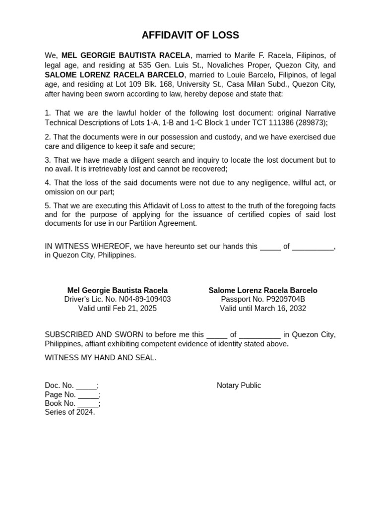 Affidavit of Loss Technical Description | PDF