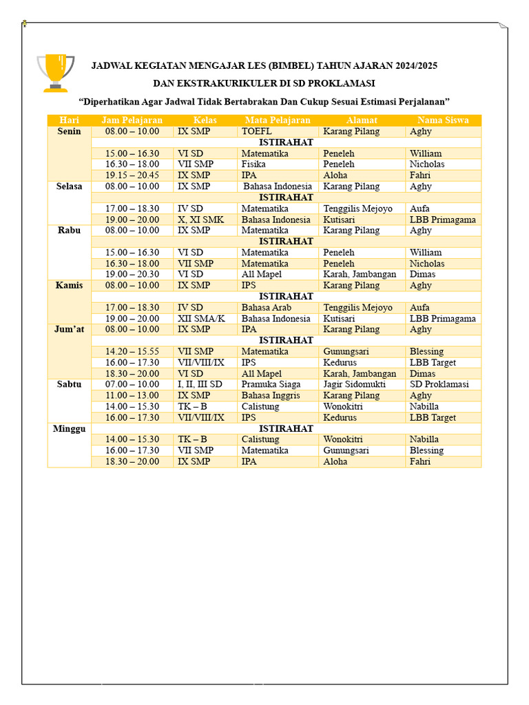 Jadwal Kegiatan Mengajar Les (Bimbel) Tahun 2025 | PDF