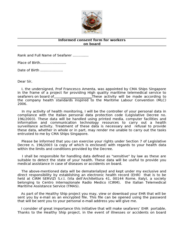 Seafarers' Health Data Consent Form | PDF | Data | Privacy