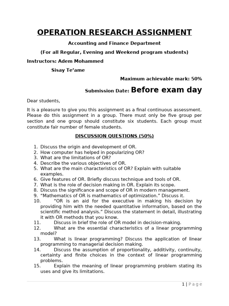 OPERATION RESEARCH ASSIGNMENT | PDF | Linear Programming | Operations Research