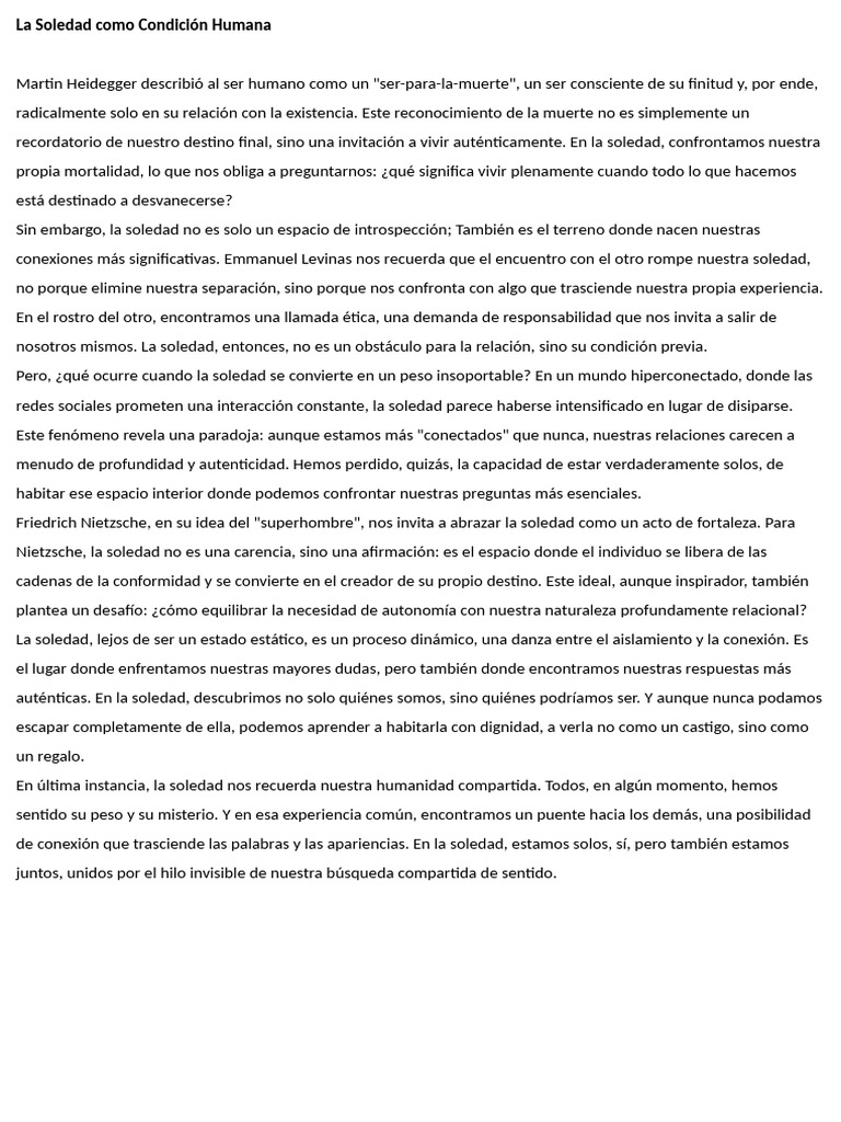 La Soledad Como Condición Humana | PDF | Soledad | Friedrich Nietzsche