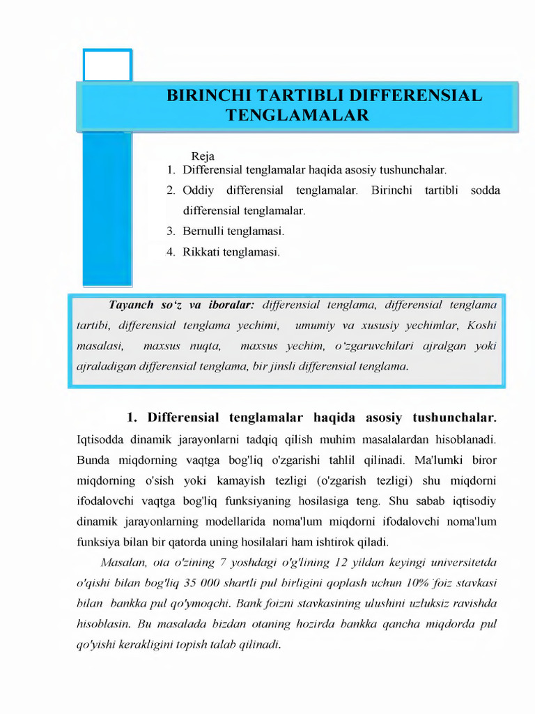15 Mavzu Birinchi Va Ikkinchi Tartibli Differensial Tenglamalar | PDF