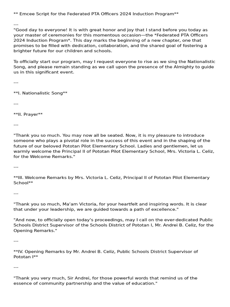 Emcee Script for the Federated PTA Officers 2024 Induction Program | PDF
