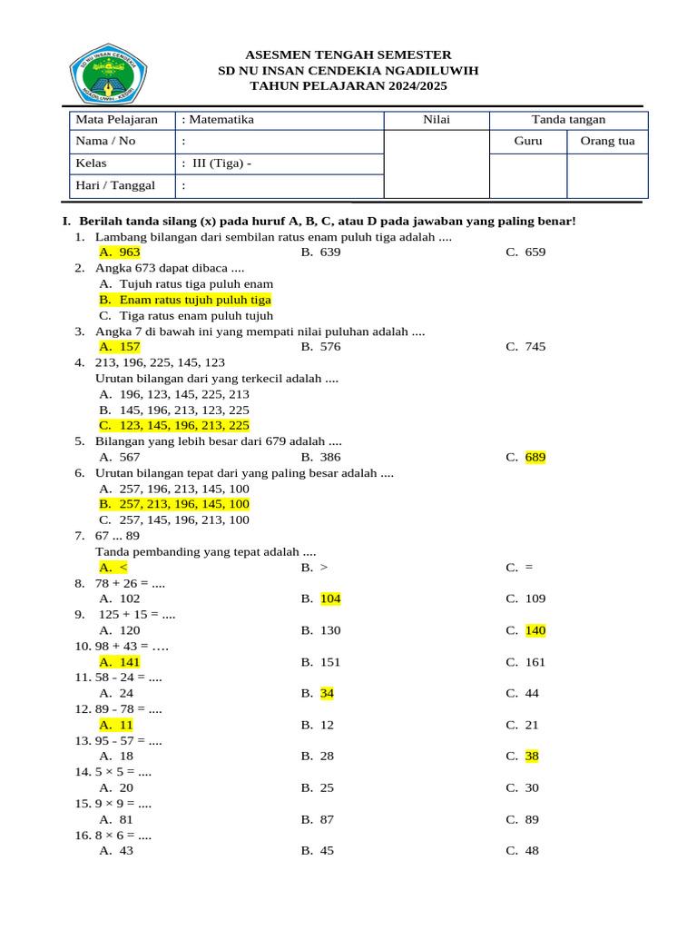 Soal Ats Matematika Kelas 3 | PDF